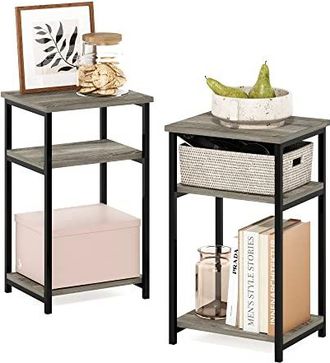 Furinno Just 3-stufiger industrieller Beistelltisch mit Metallrahmen und Ablageflächen, 2er-Pack, französische Eiche