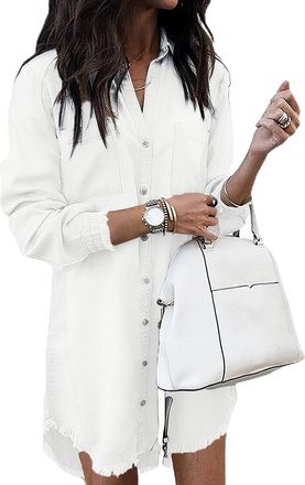 Zilcremo Damen V-Ausschnitt Blusenkleid Hemdkleid Jeanskleider Langarm Knopf Runter Shirtkleid Tunikakleider Oben Weiß XL