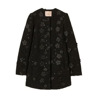 Twinset Boucl&eacute;-Mantel mit Blumen und Pailletten - - Coats - Damen - Schwarzk - 2XL