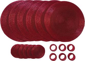 Penguin Home Set mit 18 Tischsets, Untersetzern und Serviettenringen aus Glasperlen - rote Farbe - runde Tischsets - handgefertigt von erfahrenen indischen Handwer