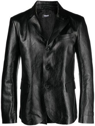 Versace blazer en cuir &agrave; simple boutonnage - Noir