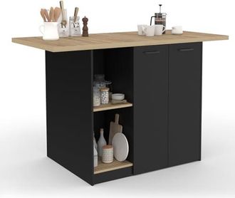 IDMarket Ilot central BAO 140 cm 4 personnes bois noir avec plan de travail fa&ccedil;on h&ecirc;tre