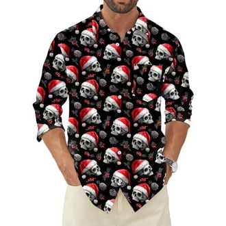 Generic Chemises hawa&iuml;ennes de No&euml;l pour homme - Chemise de plage &agrave; manches longues effrayante t&ecirc;te de mort pour les vacances et le quotidien, No&euml;l effrayant-