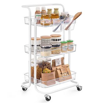 Songmics Rollwagen, 3 Ebenen, Servierwagen, K&uuml;chenwagen mit Griff, 2 kleine Einh&auml;ngef&auml;cher, 2 Bremsen, Ablagef&auml;cher aus Kunststoff, einfacher Aufbau, Schlafzim