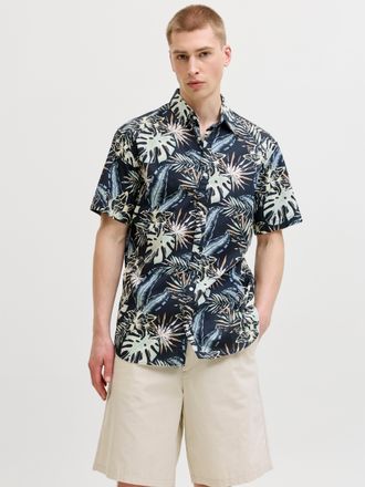 Jack & Jones Kurzarmhemd JACK & JONES JJHONOLULU AOP SHIRT SS, Herren, Gr. L, N-Gr, schwarz, Web, Obermaterial: 100% Baumwolle, gemustert, regular fit, Hemden