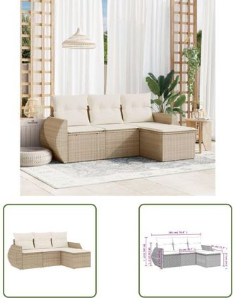 vidaXL 4-tlg. Garten-Sofagarnitur mit Kissen Beige Poly Rattan - Gartenm&ouml;bel Set - PE-Rattan M&ouml;bel - Outdoor Lounge - Garten Sofa - Gartenstuhl - The Living
