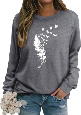 Dresswel Pullover Damen Feder Drucken Sweatshirt Langarmshirt Rundhals Langarm Shirts Herbst Winter Pulli Tops Oberteile Bluse(3-Grau, 2XL)