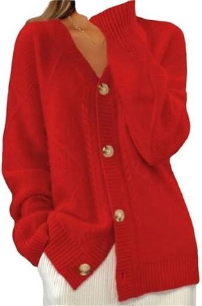 Generic Cardigan dhiver uni &agrave; manches longues et col en V pour femme, Rouge, Taille XS