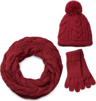 styleBREAKER Schal, M&uuml;tze und Handschuh Set, Zopfmuster Strickschal mit Bommelm&uuml;tze und Handschuhe, Damen 01018208, Farbe:Bordeaux-Rot / Loop Schlauchschal (One Si