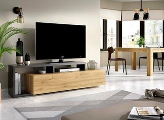 Dmora TV-Ständer Maiella, niedriges Sideboard für Wohnzimmer, Sideboard für Wohnzimmer für Fernseher, 165 x 40 x 47 cm, Eiche Nodes und Anthrazit