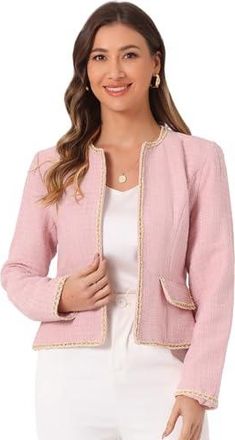 Allegra K Veste Courte en Tweed à Carreaux pour Femme Costume dhalloween Rose Clair S