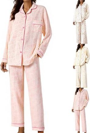 Generic Ensemble de pyjama 2 pi&egrave;ces boutonn&eacute; pour femme, joli imprim&eacute;, ensemble de pyjama tendance et adorable avec col &agrave; revers, v&ecirc;tement de nuit l&eacute;ger et do