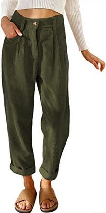 Onsoyours Femmes Élastique Taille Velours Côtelé Pantalons Slim fit Casual Taille Haute avec Poches Armée Verte M