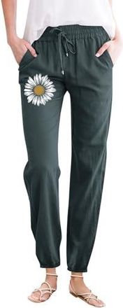 Generic Pantalon en coton et lin pour femme - Jambe large - Pantalon de plage d&eacute;t&eacute; pour femme - Confortable - Pantalon de yoga Palazzo XIYU26032, vert fonc&eacute;, 