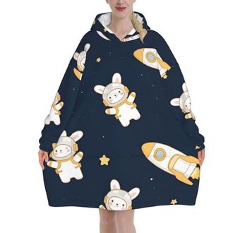 Generic Couverture &agrave; capuche en flanelle douce, lapins, astronautes dans lespace - Couverture portable surdimensionn&eacute;e avec capuche pour un confort hivernal e