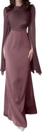 Minetom Robe Maxi Longue à Lacets Femme Élégant Manches Longues Couleur Unie Soirée Mariage Cocktail Cérémonie Robes A Marron XS