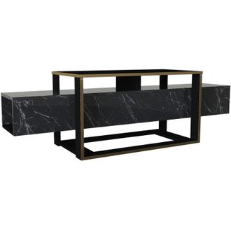 Vente-Unique Vente-Unique - Meuble TV noir et or avec rangements - Dimensions 160x49,8x46,1 cm - Panneau m&eacute;lamin&eacute; 18 mm - Pour salon moderne ou bureau
