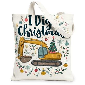 Generic Sacs fourre-tout en toile motif excavatrice de No&euml;l, sacs d&eacute;picerie r&eacute;utilisables, l&eacute;gers et lavables, cr&egrave;me, 13x15 Inch