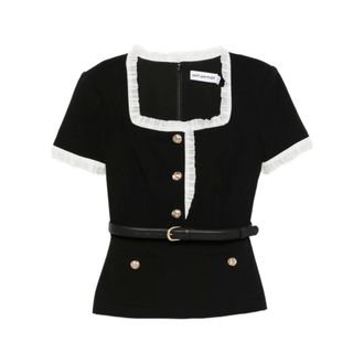 Self Portrait Femme, Blouses et Chemises, Noir, Taille: 38 FR Haut Cr&ecirc;pe &agrave; Volants Contrast&eacute;s