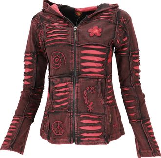 Guru Shop Goa Patchwork Jacke, Boho Kapuzenjacke - Schwarz/bordeauxrot, Damen, Baumwolle, Size:XL