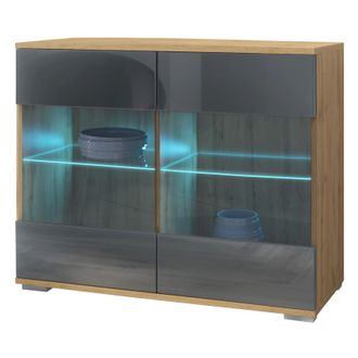 Vladon Kommode Bari V3, Moderner Küchenschrank mit 2 großen Glastüren inkl. RGB Beleuchtung Eiche Evoke/Grau Hochglanz (92,5 x 75.5 x 35)