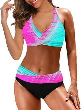 Onsoyours Maillot De Bain Femme 2 Pièces Taille Haute Licou Vintage Floréal Halter Push Up Bikini Set Classique Patchwork Ensemble Swimwear De Plage Tankini Bea