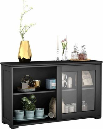 Costway Buffet de Cuisine avec Porte Coulissante en Verre, Meuble Rangement avec 2 Etagères en mdf pour Cuisine Chambre Salon, Noir - Costway