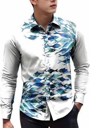 Generic Chemise &agrave; manches longues pour homme, coupe ajust&eacute;e, imprim&eacute; 3D, tendance, chemise daffaires, col &agrave; revers, chemise formelle, extensible dans les 4 se