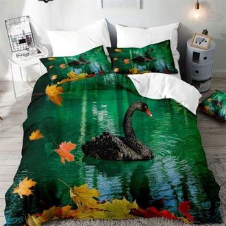 Generic Housse de Couette 200x200 Cygne Noir Parure de Lit 2 Personnes Feuilles D&eacute;rable Imprim&eacute;e 3D Microfibre Literie Set 3 Pi&egrave;ces avec Housses Couettes et 2