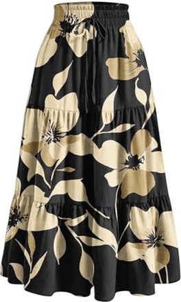 Generic Jupe Femme Taille Haute, Jupe Femme Mi Longue Bohèmes pour Longues Et Fluides à Volants Ligne A Imprimé Rétro De Plage Plissées Ample Skirts