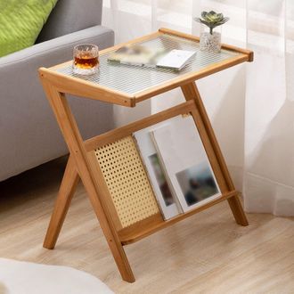 Generic Beistelltisch, Kleiner Akzenttisch, Tischplatte Aus Geh&auml;Rtetem Glass Mit Streifen, L-F&ouml;Rmiges Aufbewahrungsregal for Laptop, Wasserflasche, Snacks