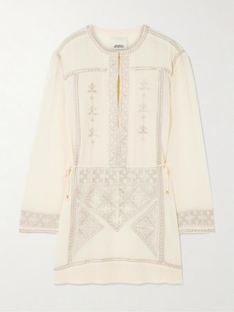 Isabel Marant Oaria Minikleid Aus Cr&ecirc;pe De Chine Aus Seide Mit Stickereien Zum Binden - Ecru