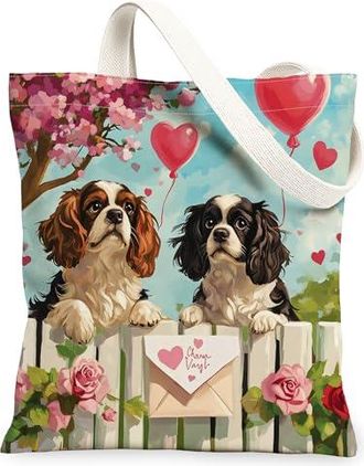 Generic Sac fourre-tout en toile r&eacute;utilisable pour la Saint-Valentin Motif &eacute;pagneul Cavalier King Charles 33 x 38 cm Pour couple de ferme chiot Sac d&eacute;picerie 