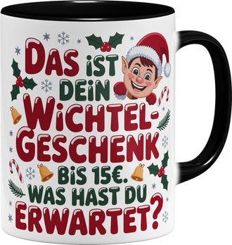 OM3 Lustige Wichtelgeschenk Tasse bis 15 Euro - Humorvolle Spruchtasse f&uuml;r Wichtelrunde - Schrottwichteln - Wichteln - Keramik Becher - 325ml - Beidseitig