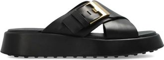 Tod's Femme, Chaussures, Noir, Taille: 39 1/2 EU Leather Slides with Logo