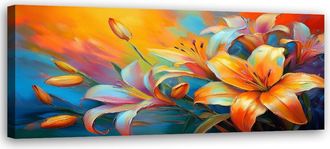 Feeby Bild auf Leinwand - Wandbilder Wohnzimmer Aesthetic - Pastellfarbene Lilien Abstraktion - 120x40 1tlg - Schlafzimmer Wandekoration - Bilder Zimmer - L