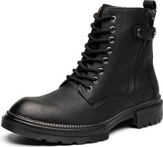 Generic Bottes de combat en cuir à lacets pour homme - Fermeture éclair latérale antidérapante - Semelle à crampons - Bottes de moto décontractées et conforta