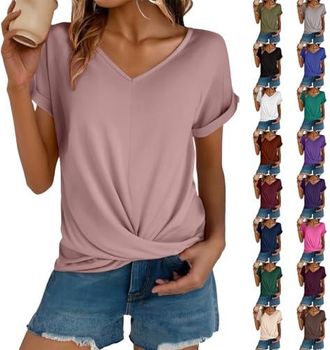 Generic T-shirt à manches courtes et col en V pour femme - Chemisier dété décontracté - Couleur unie - Tunique basique - Haut ample - Élégant - Pour lété - Lo