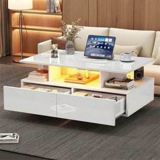 Generic Hochglanz-Couchtisch mit LED-Beleuchtung & 2 Schubladen - 90x55x41 cm, Stilvoller Beistelltisch mit Stauraum (Belastbar bis 30 kg) (White)