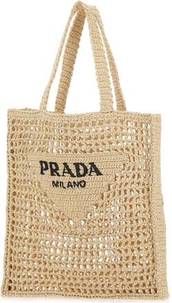 Prada Crocheted Raffia Tote Bag - Beige