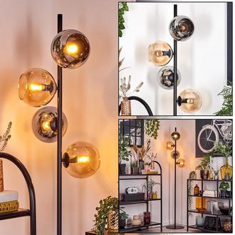 HOFSTEIN Stehleuchte Koyoto, Stehlampe aus Metall/Glas in Schwarz/Rauch/Bernstein, Leuchte im Retro/Vintage-Design mit Glasschirmen (Ø 15cm) u. Fußschalter, 16