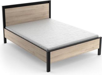 PEGANE Lit 2 places couchage 140x190 couleur ch&ecirc;ne / noir - Largeur 146,3 x Profondeur 198 x Hauteur 96,6 cm