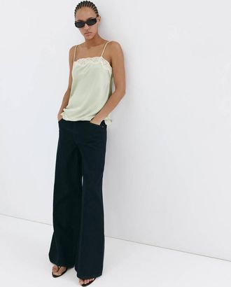 Mango Top satin&eacute; d&eacute;tail dentelle vert pastel - Femme - XS - MANGO