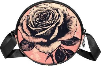 Generic Sac &agrave; bandouli&egrave;re Circle pour femme, petit sac &agrave; bandouli&egrave;re rose noire avec fermeture &eacute;clair, bretelles r&eacute;glables, sac &agrave; main rond d&eacute;contract&eacute; pour f