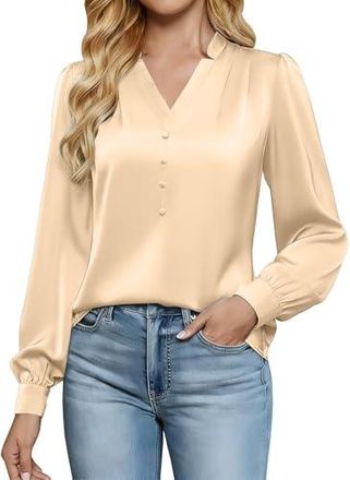 Generic Chemisier &agrave; manches longues pour femme grande taille - Chemisier en satin pour femme - Chemisier habill&eacute; &eacute;l&eacute;gant &agrave; col en V - Chemise fine et l&eacute;g&egrave;re -