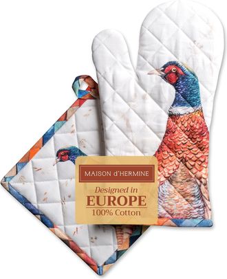 Maison d'Hermine Ofenhandschuh und Topflappen, 100% Baumwolle, hitzebest&auml;ndiger Ofenhandschuh(19cm x 33cm) & Topflappen(20cm x 20cm) f&uuml;r K&ouml;che, Faisan DAutomne - Ernte