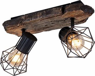 Globo Lighting Deckenlampe Wohnzimmer Holzoptik Deckenstrahler 2 flammig Retro Geflecht Spots verstellbar, Metall Kunststoff, 2x E27 Fassung, LxBxH 38,5x12x23 cm