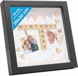Photolini Cadre Photo 3D à remplir 20 x 20 cm Noir, Cadre boîte Profond avec Passe-Partout, pour Objets jusquà 1,5 cm, Bois MDF, Verre - pour Les Loisirs créati