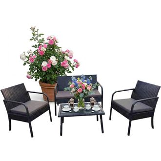 Relaxdays Relaxdays Gartenm&ouml;bel Set, 4-tlg. Rattan Sitzgruppe, 4 Personen, Bank, 2 St&uuml;hle & Tisch, Loungem&ouml;bel, outdoor, schwarz