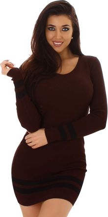 Jela London Damen Fein Strick Mini Kleid Pulloverkleid Longpullover gerippt Streifen Stretch, Dunkelbraun 36-38